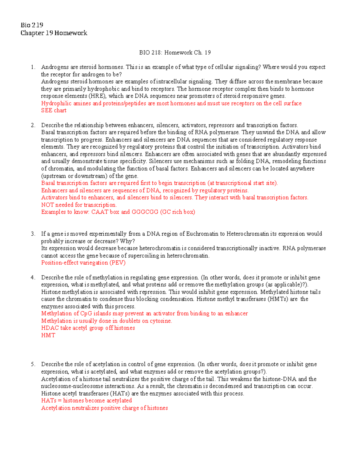 Bio 218: Chapter 19 Homework - Gene Regulation and Transcription ...