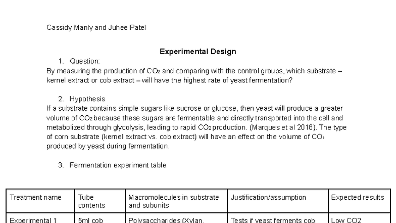 BIOL 107 Experimental Design: Yeast Fermentation CO2 Production - Studocu
