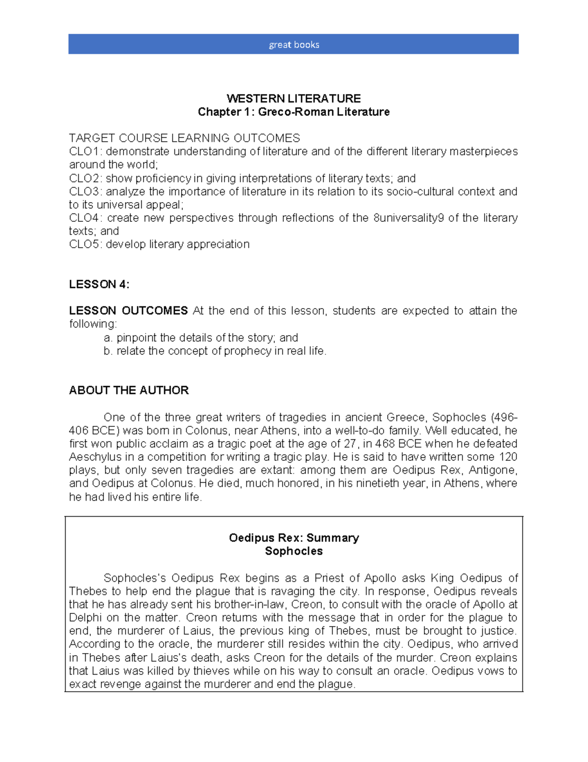 Lesson 4: Exploring Prophecy in Sophocles' Oedipus Rex - Studocu