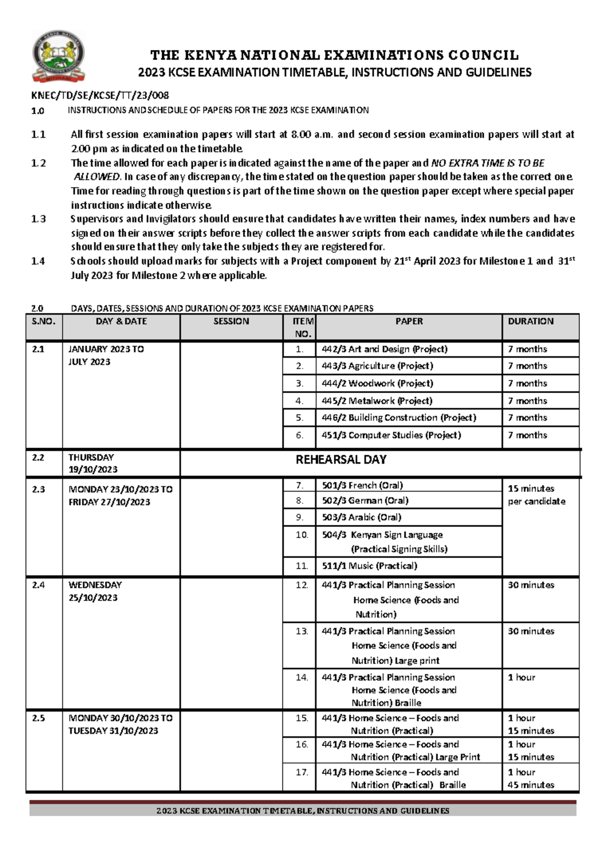 2023 KCSE Timetable: Comprehensive Paper Schedule & Guidelines - Studocu