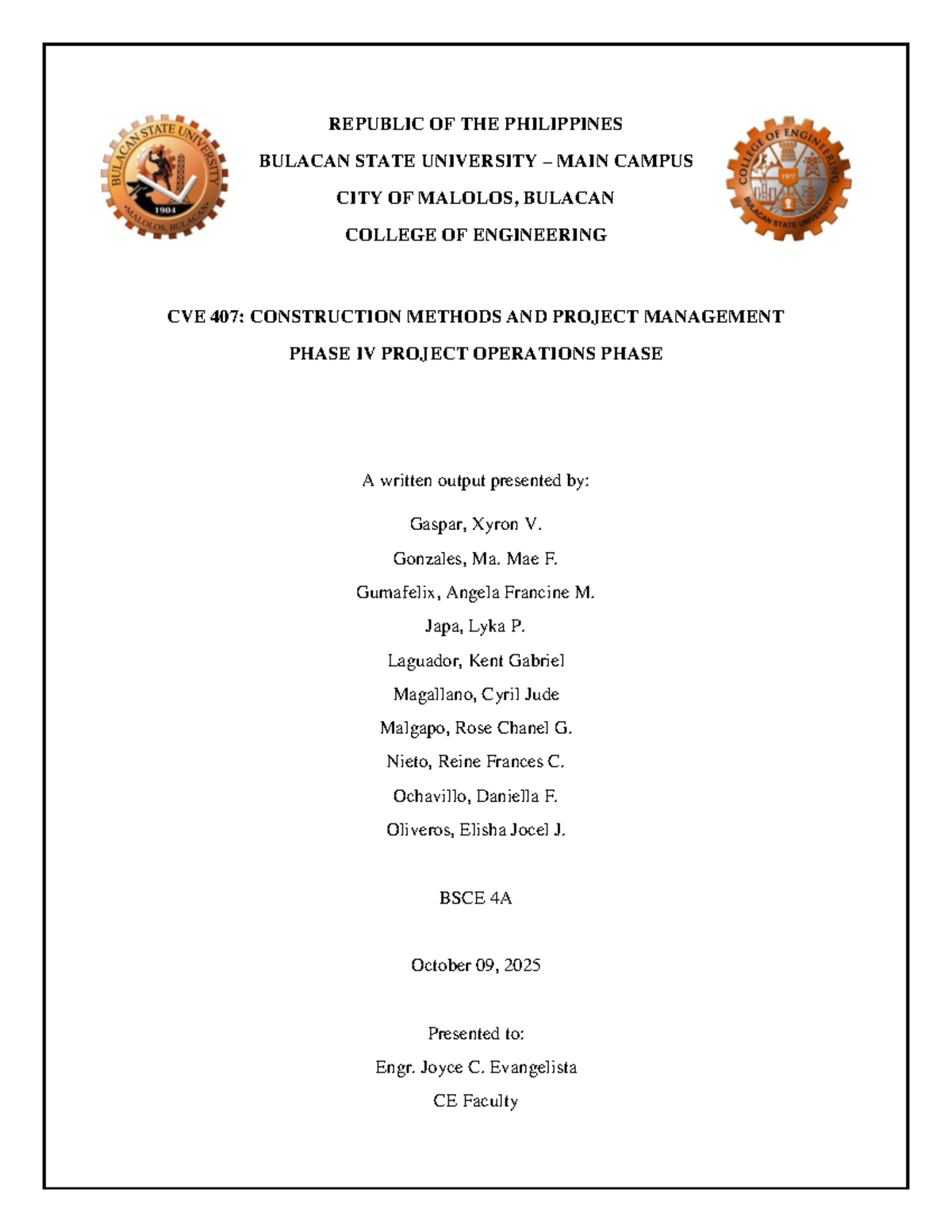 CVE 407: Project Operations Phase - Construction Methods & Management ...