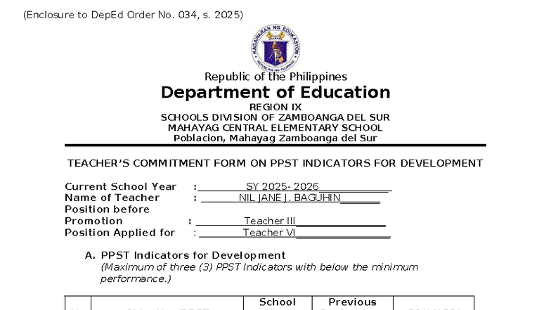 Teachers Commitment Form on PPST Indicators for Development (SY 2025 ...