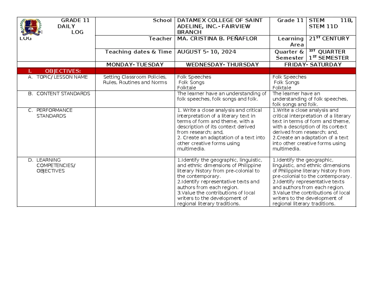 Grade 11 Philo Lesson Log: Introduction to Philosophy (1st Sem 2025 ...