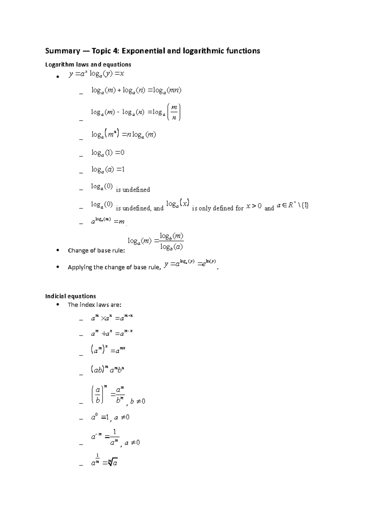 Summary of Topic 4: Exponential & Logarithmic Functions - Studocu
