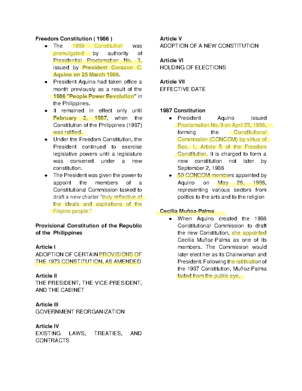 1986 Freedom Constitution Overview and Key Provisions - Studocu