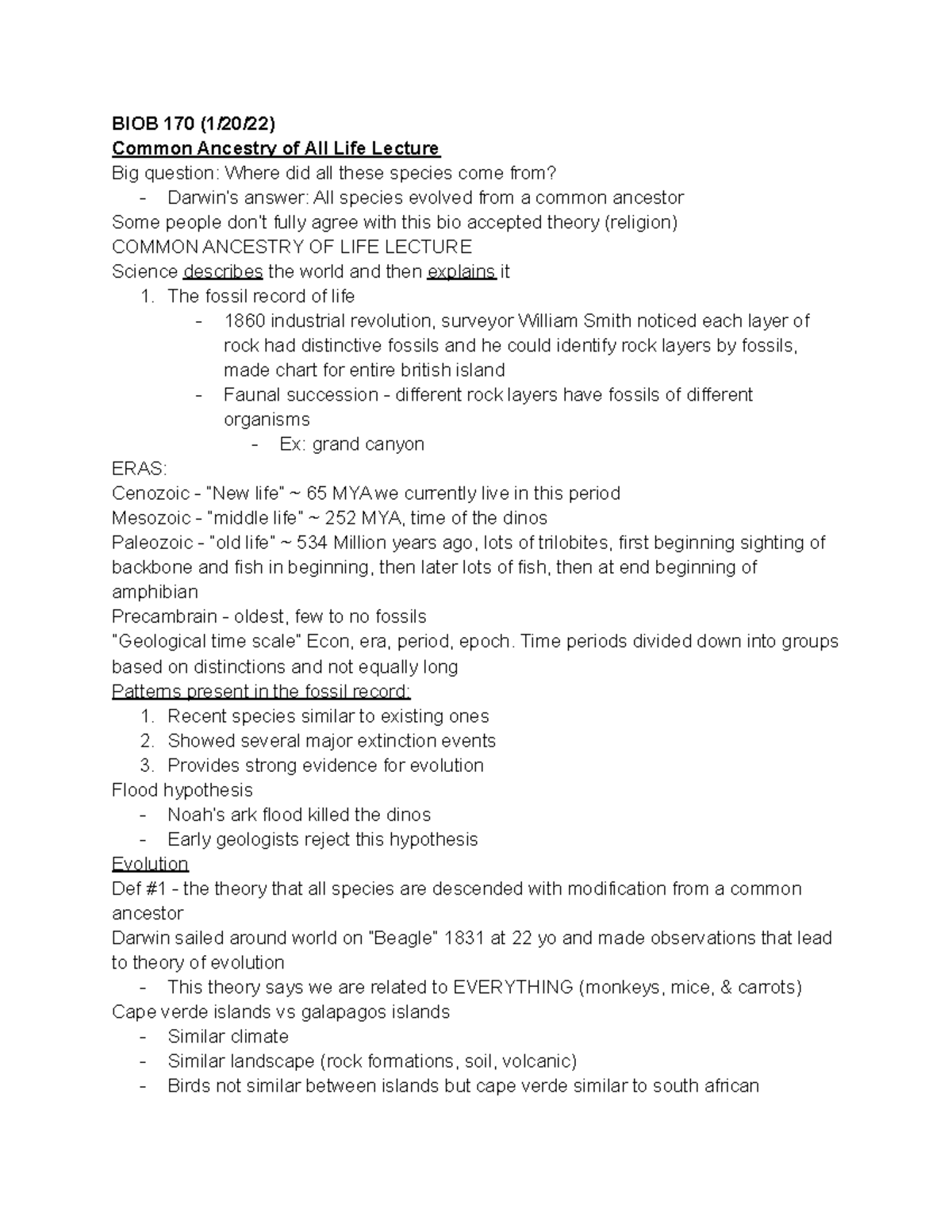 BIOB 170 - Comprehensive Notes on Common Ancestry & Evolution Concepts ...
