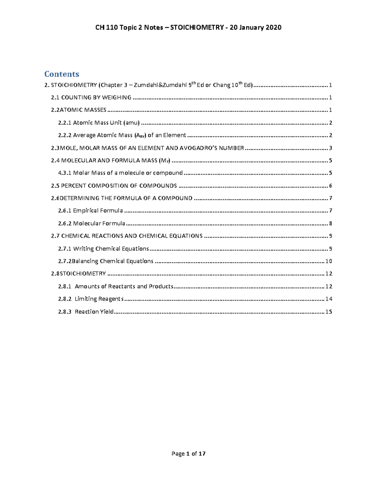 CH 110 Lecture 2 Notes: Understanding Stoichiometry Concepts - Studocu