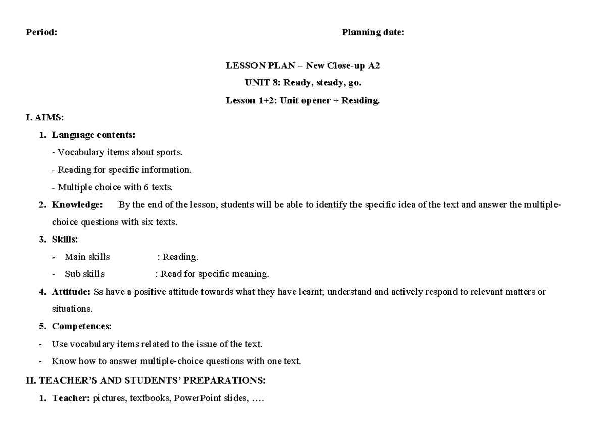 G6 A2 U8 Lesson Plan: Ready, Steady, Go - Opener & Reading Activities ...