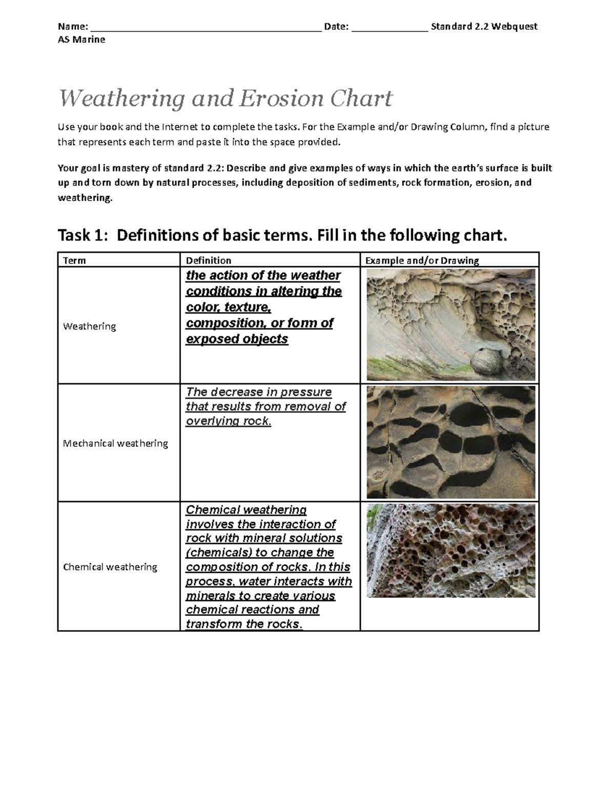 AS Marine Weathering and Erosion Chart: Processes and Examples - Studocu