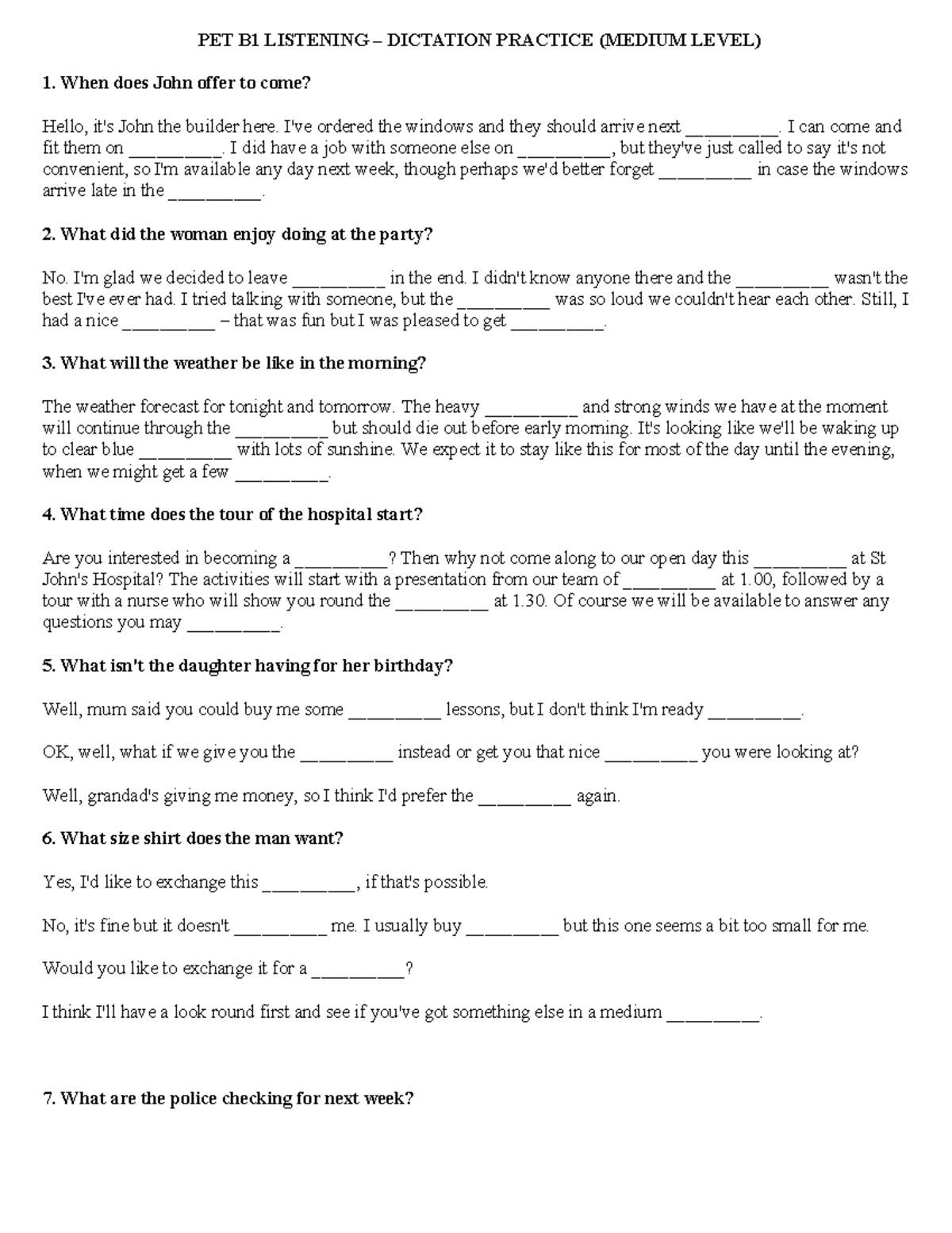 PET B1 Listening Dictation Practice - Test 1 (Medium Level) - Studocu