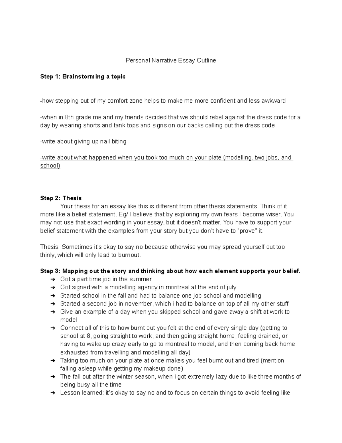 ENG4U-U3A1A2-Narative Essay Outline - Personal Narrative Essay Outline ...
