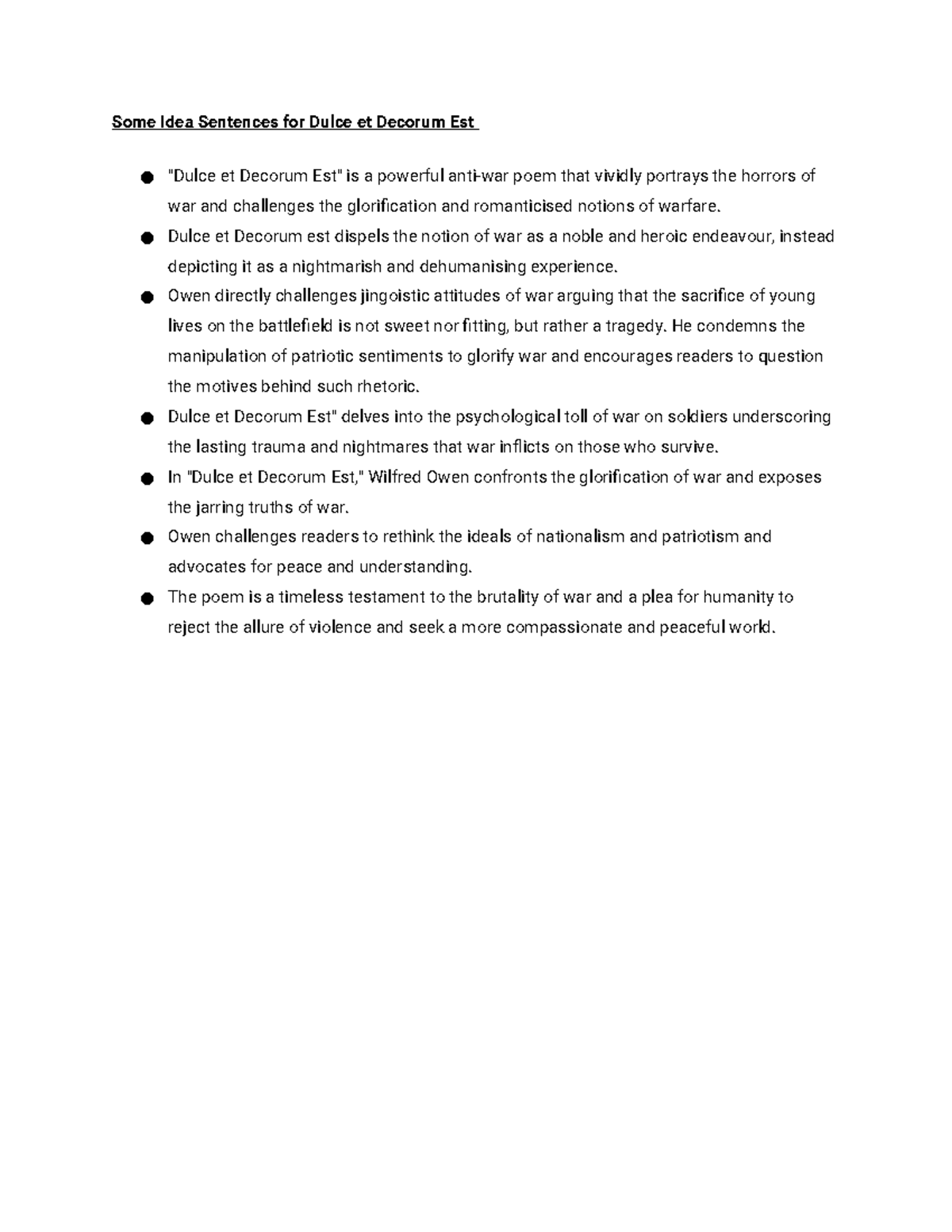 Idea Sentences on Analyzing Dulce et Decorum Est (ENG 102) - Studocu