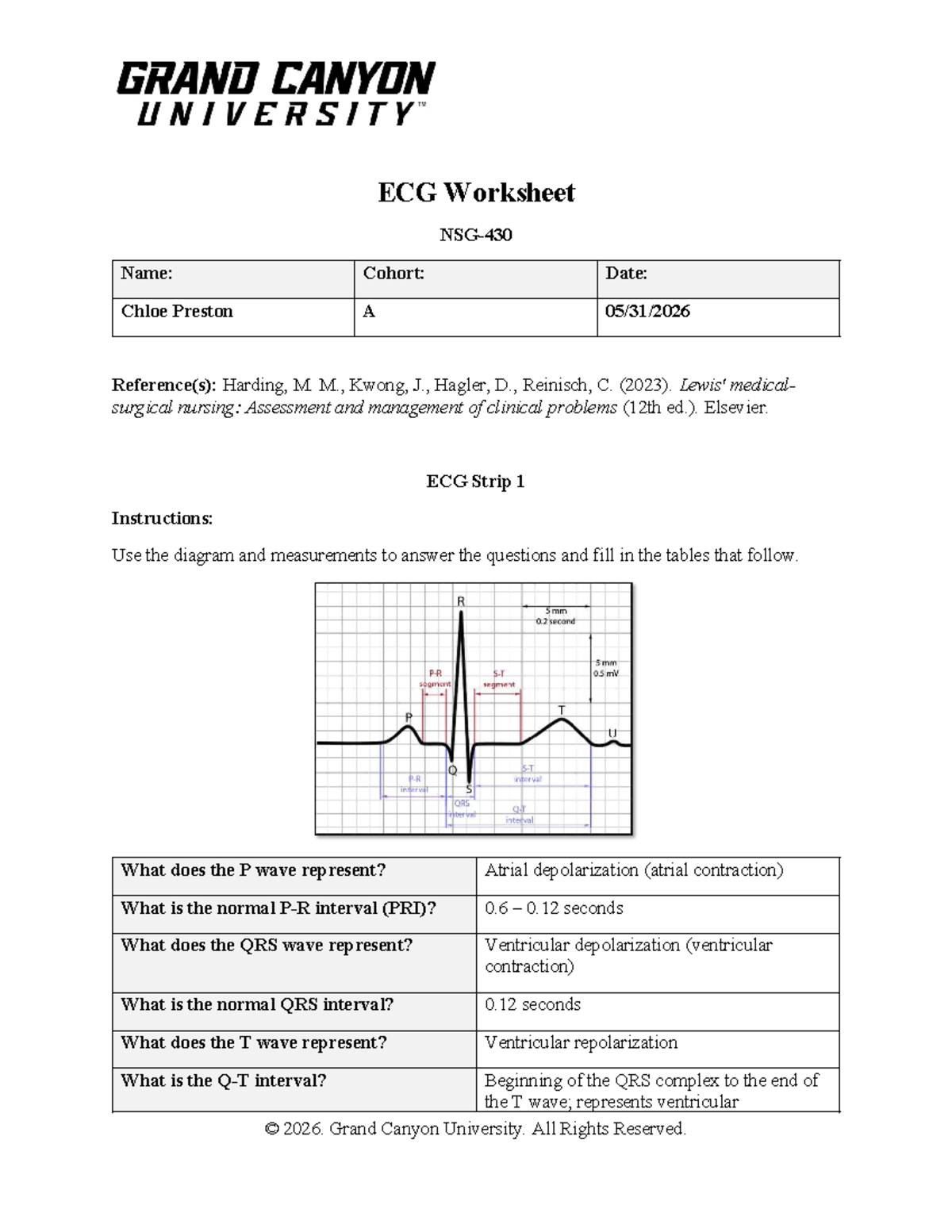 NSG-430-RS-T5-ECG Worksheet: Analysis of Cardiac Rhythms - Studocu