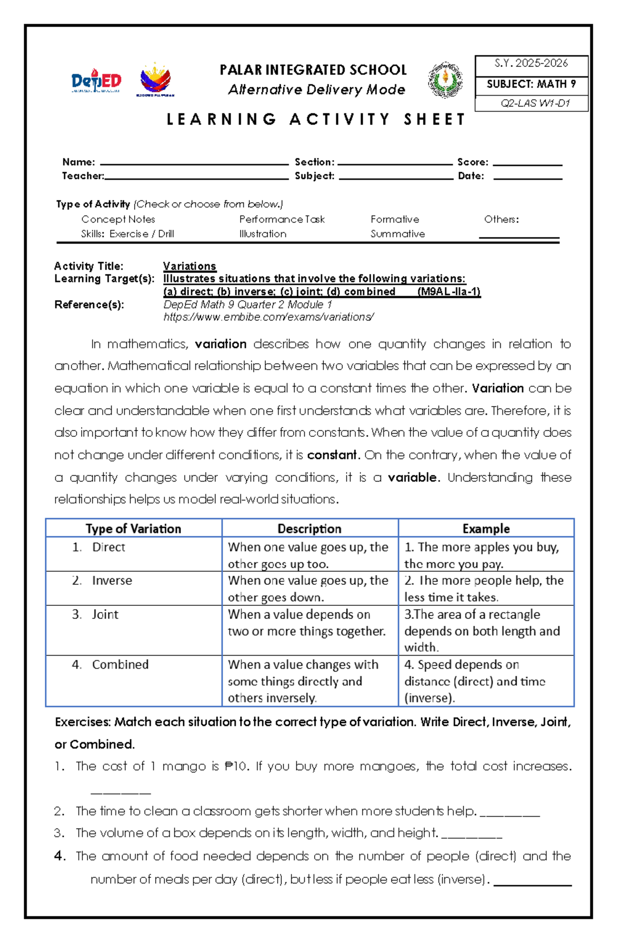 MATH 9 Learning Activity Sheet: Variations Concepts and Exercises - Studocu