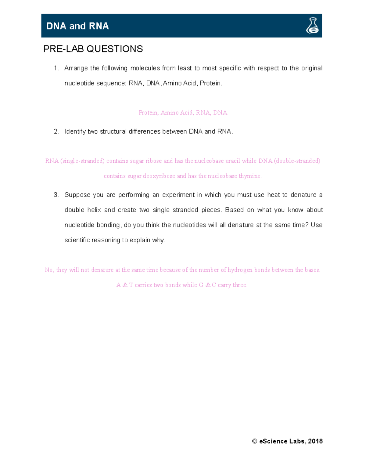 DNA & RNA Lab - Lab assignment on DNA & RNA - PRE-LAB QUESTIONS Arrange ...
