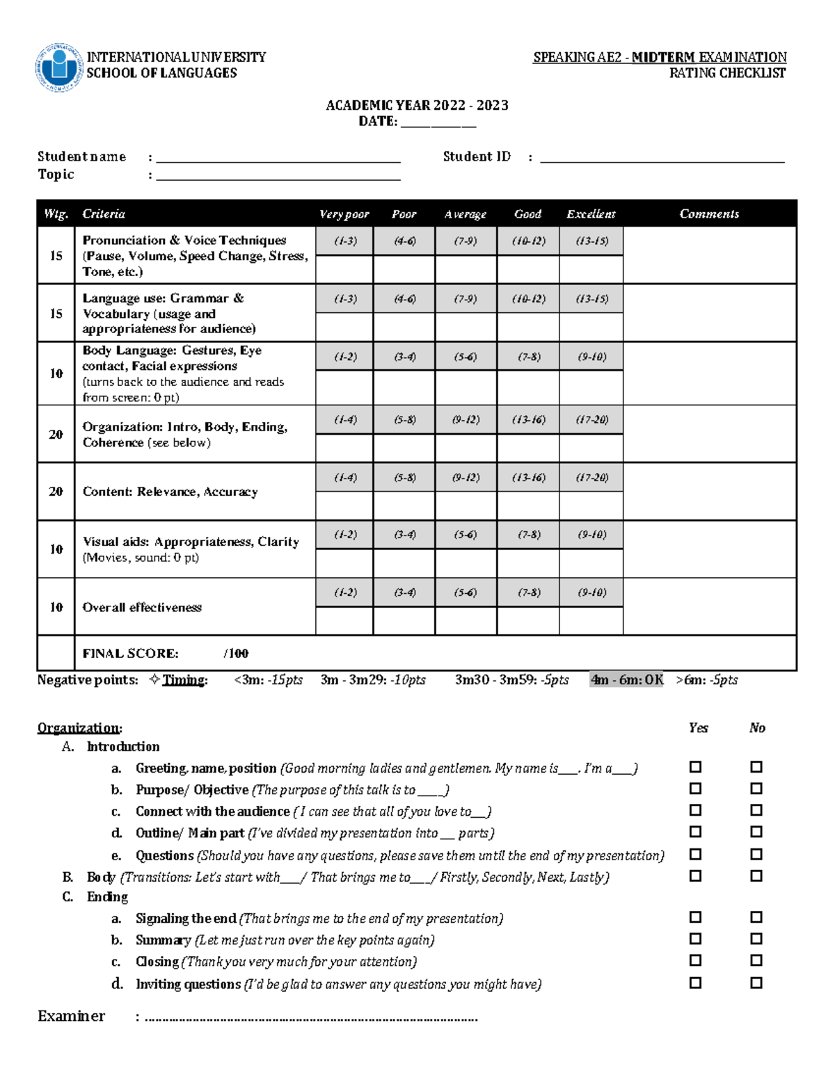 AE2 Speaking Midterm Exam Marksheet - June 2023 - Studocu