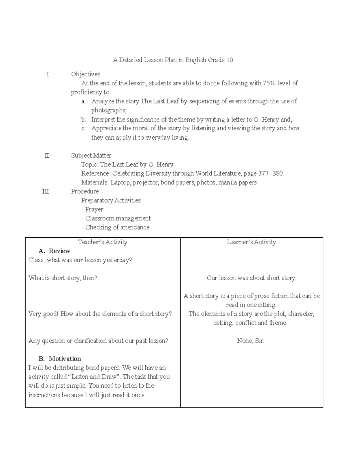 Detailed English Lesson Plan for 'The Last Leaf' (Grade 10) - Studocu