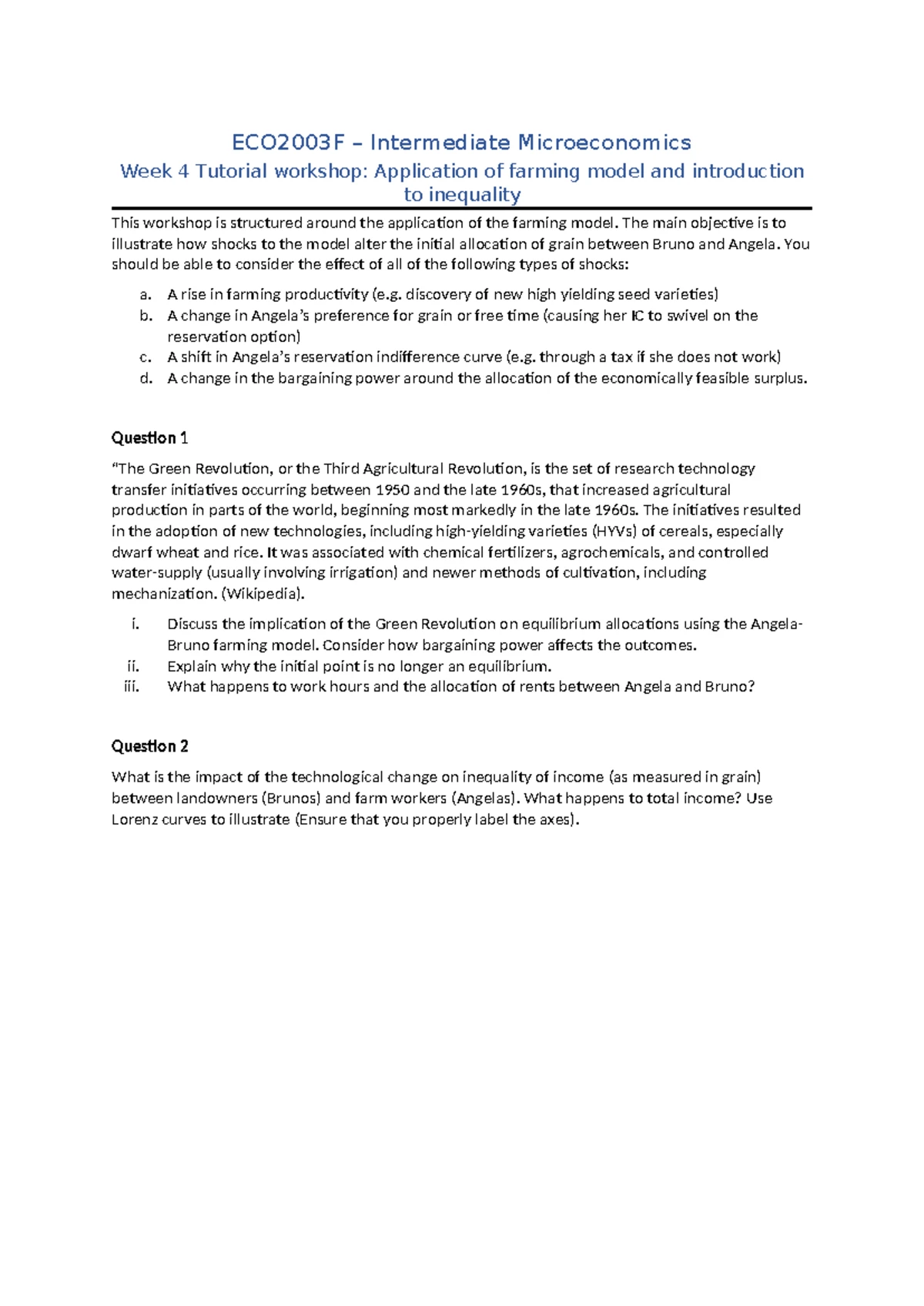 ECO2003F Whiteboard Workshop 2: Farming Model & Inequality Solutions ...