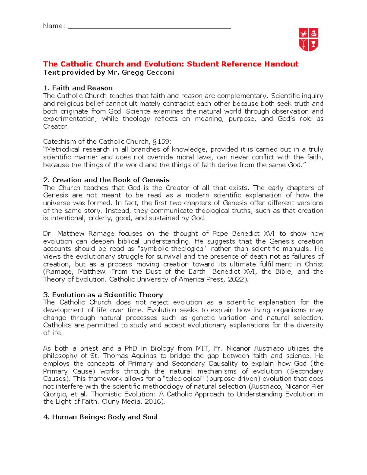 Biology and Faith Assignment: The Catholic Church's View on Evolution ...
