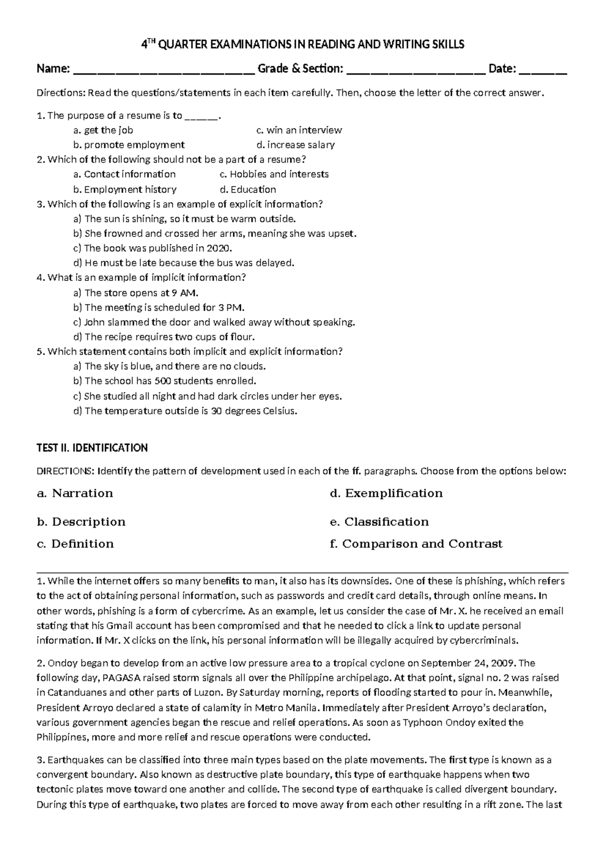 Reading and Writing Skills Exam - 4th Quarter Assessment - Studocu