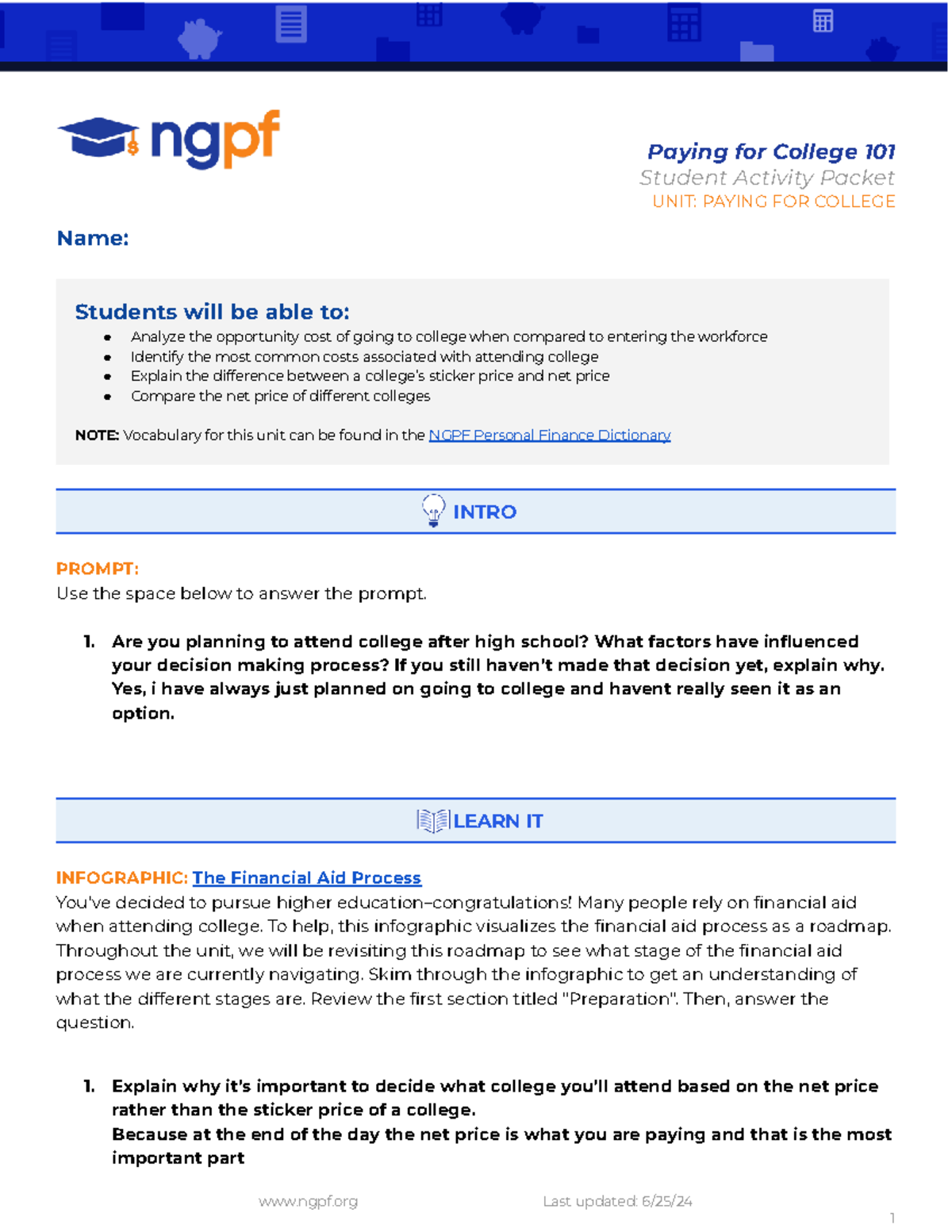 Paying for College 101: Student Activity Packet & Financial Insights ...