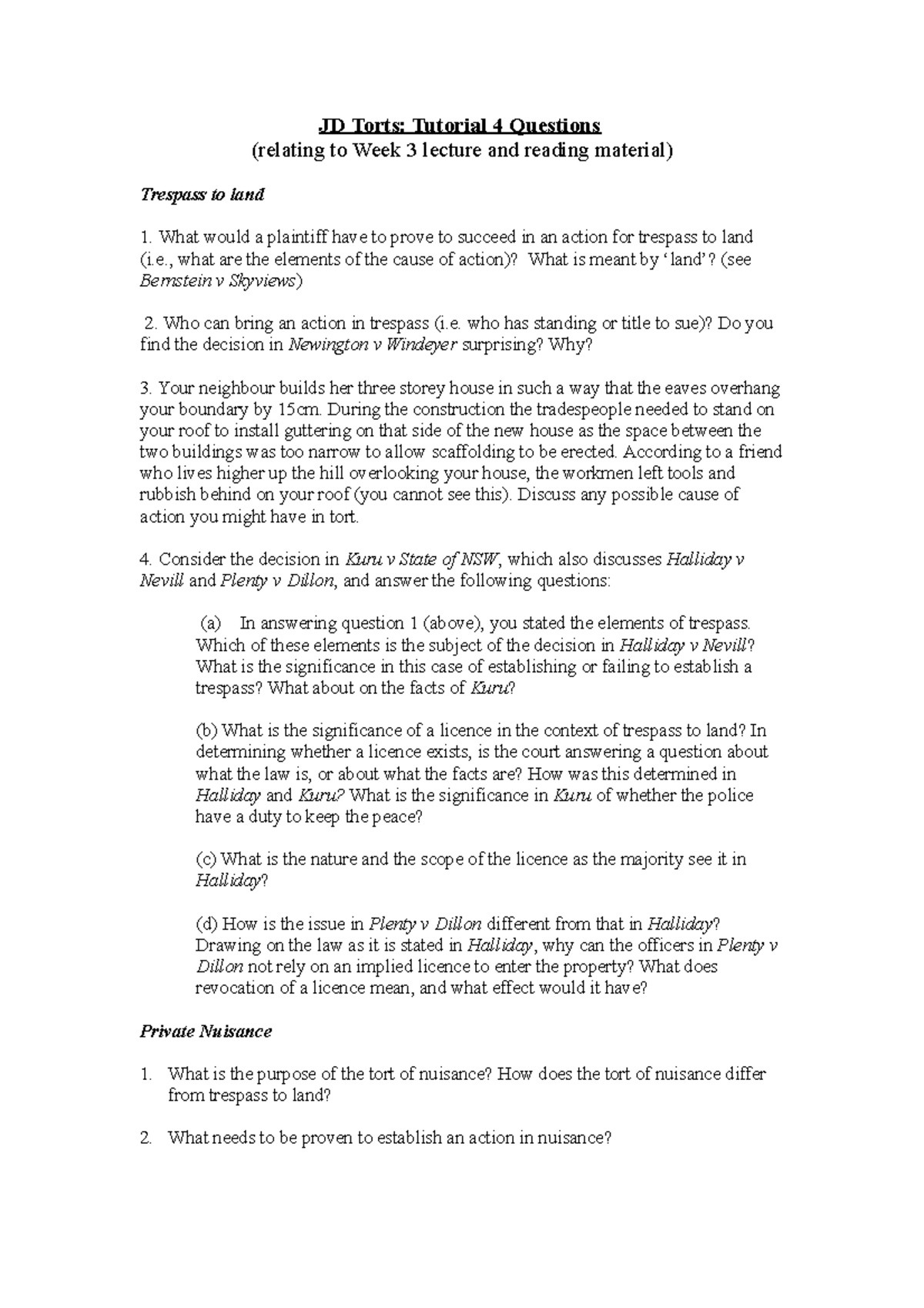 Updated trespass to land and nuisance - JD Torts: Tutorial 4 Questions ...