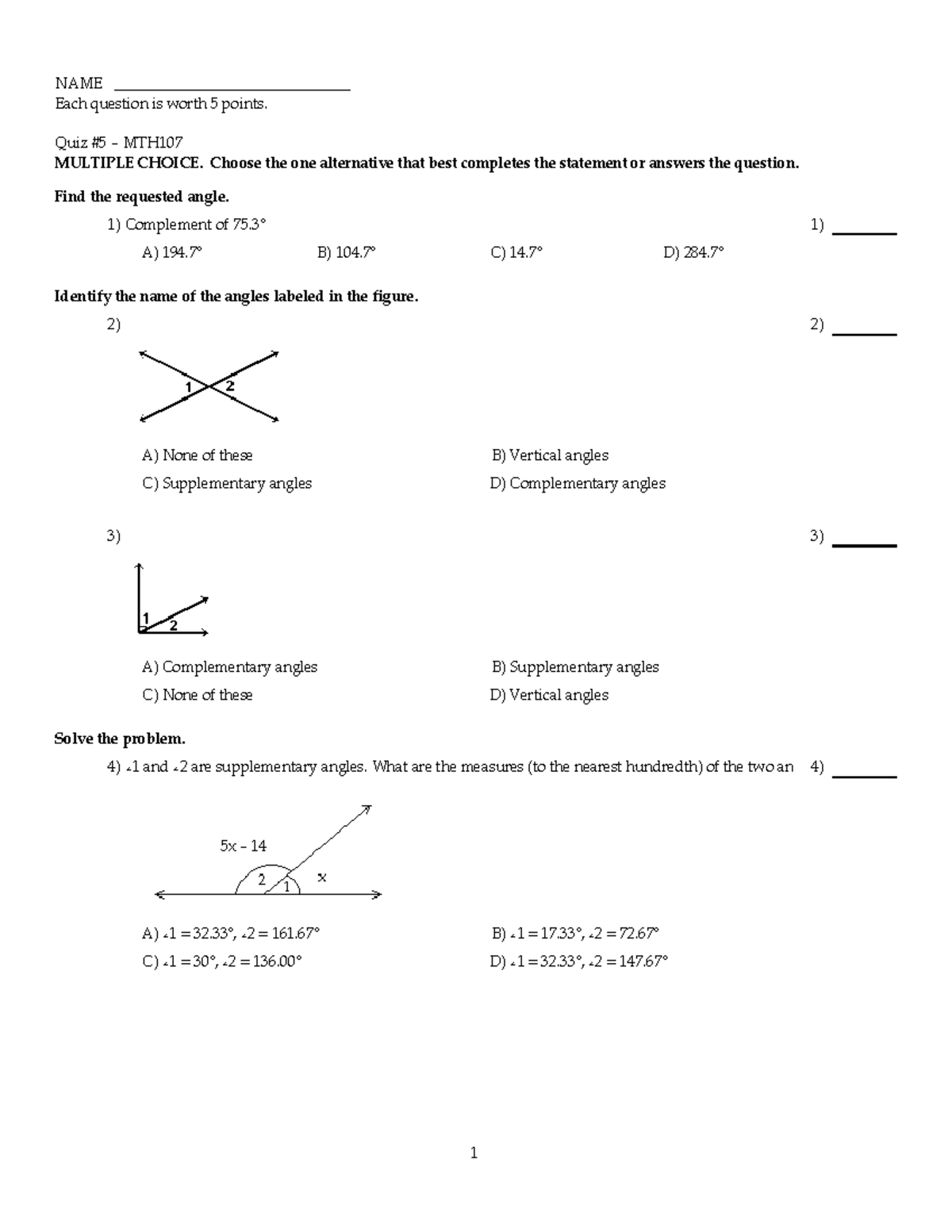 Geometry Quiz - MTH107: Multiple Choice Questions - Studocu