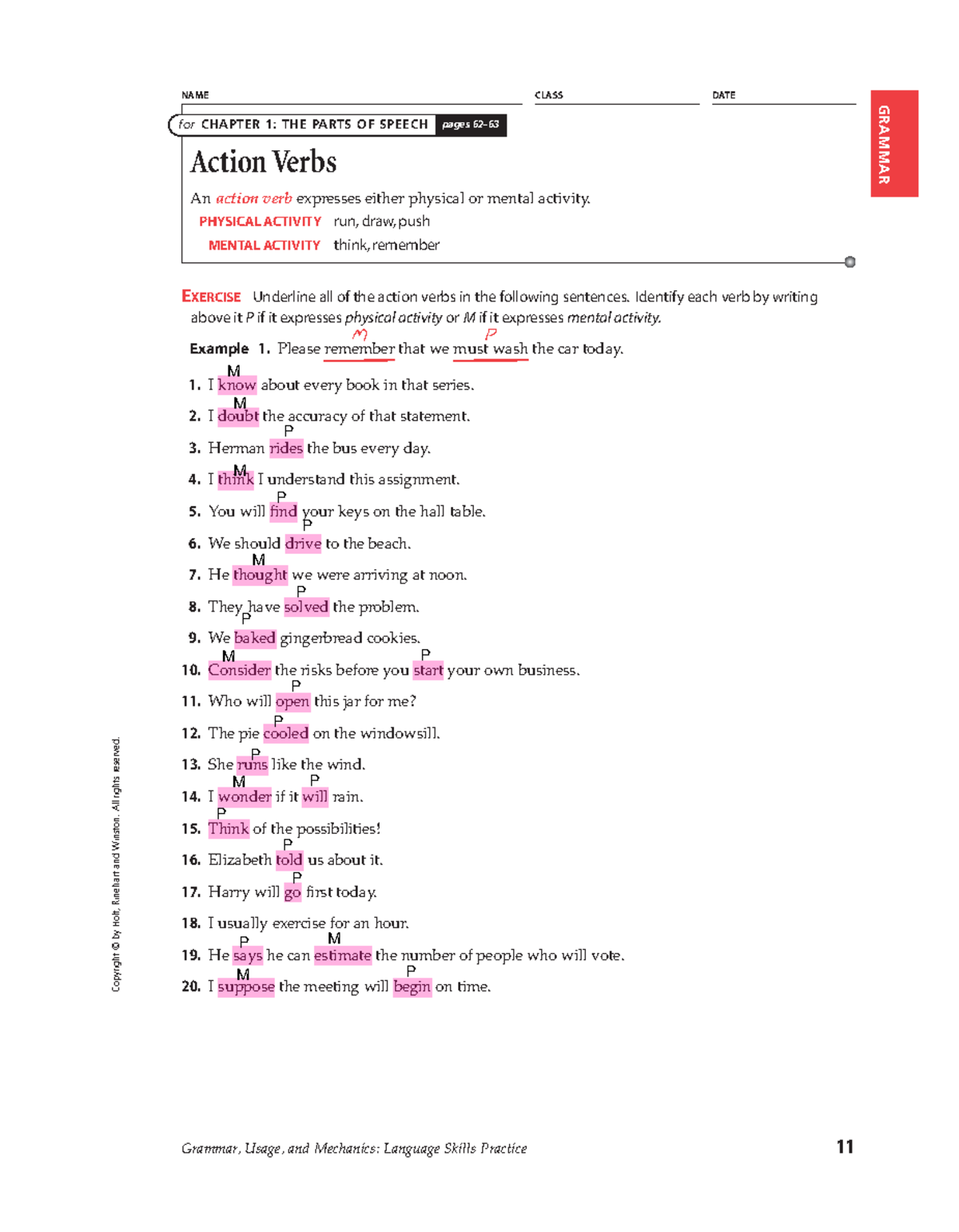 CHAPTER 1: THE PARTS OF SPEECH - Action & Linking Verbs Notes - Studocu
