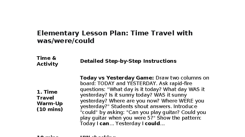 Elementary Lesson Plan: Time Travel Activities & Instructions - Studocu