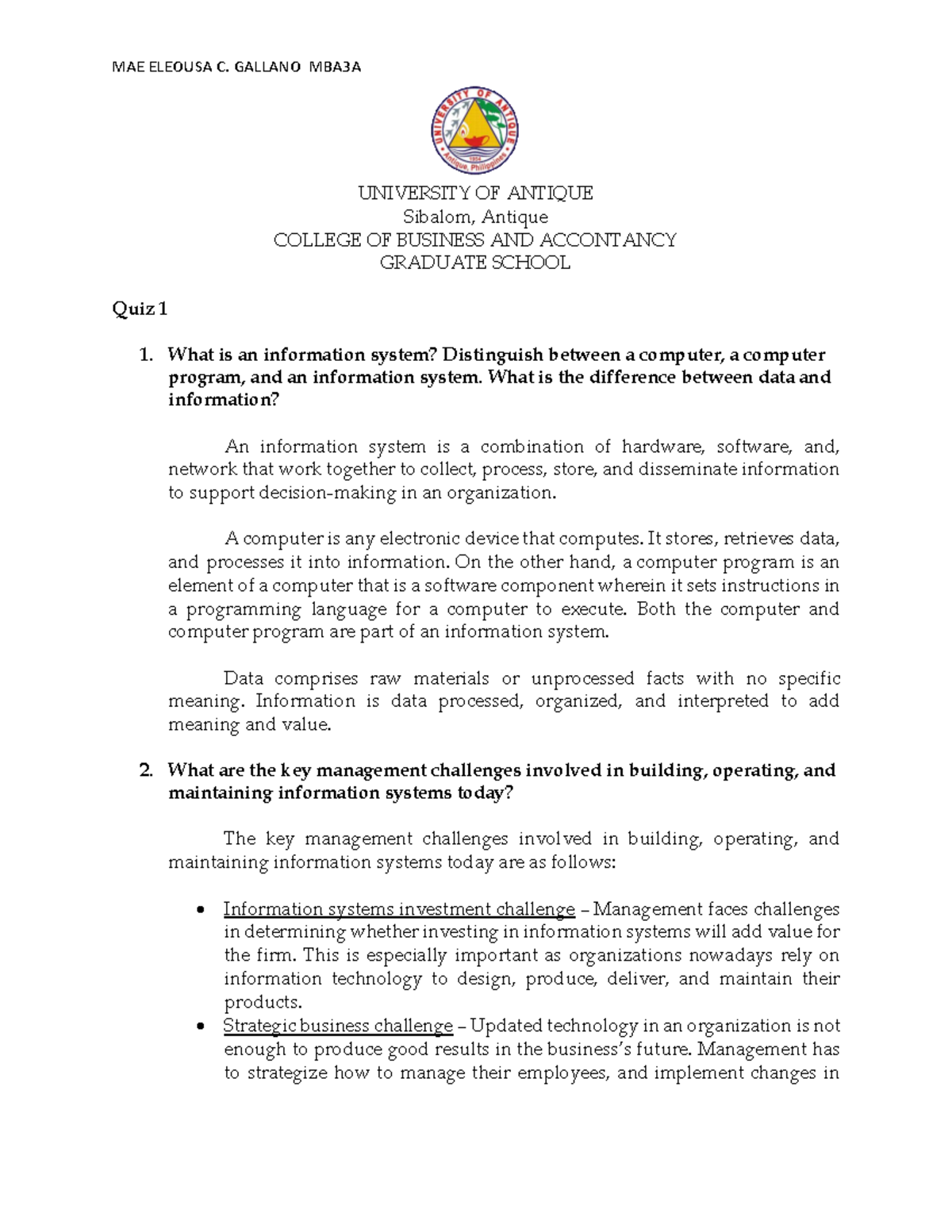 Quiz on MIT: Managing Information Systems Challenges & Concepts - Studocu