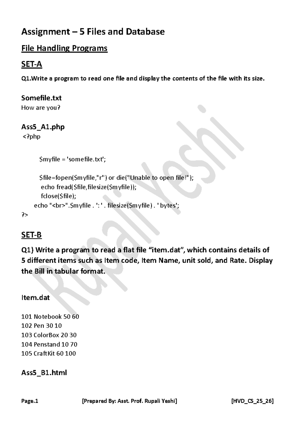 WT-I, Assignment 5 - File & Database Handling Programs - Studocu