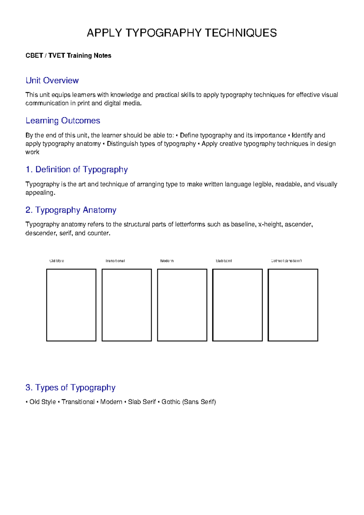 Apply Typography Techniques CBET TVET Training Notes Overview - Studocu