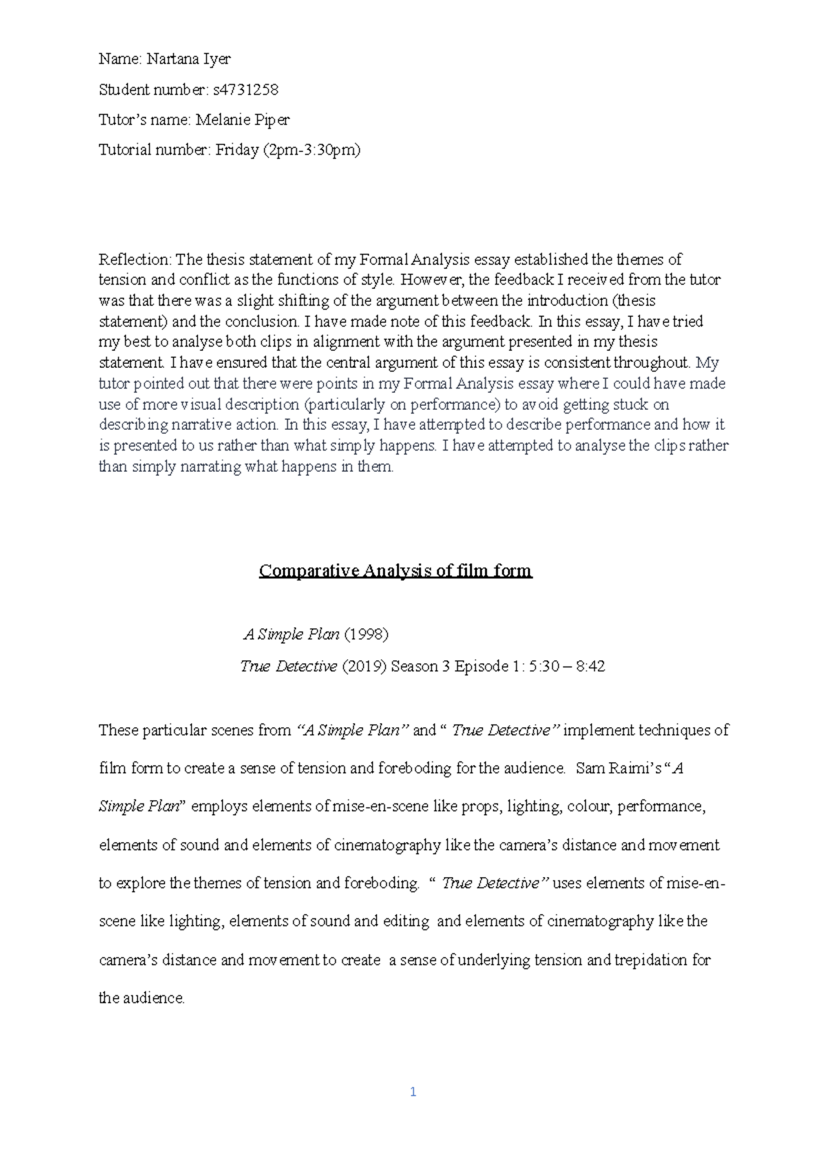 Comparative Analysis Essay (ENG101): Tension in Film Form Techniques ...
