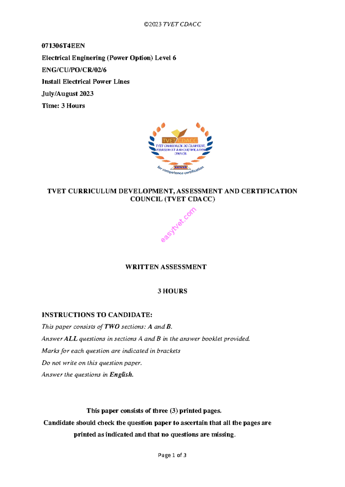 TVET CDACC 071306T4EEN Electrical Engineering Level 6 Exam Revision ...