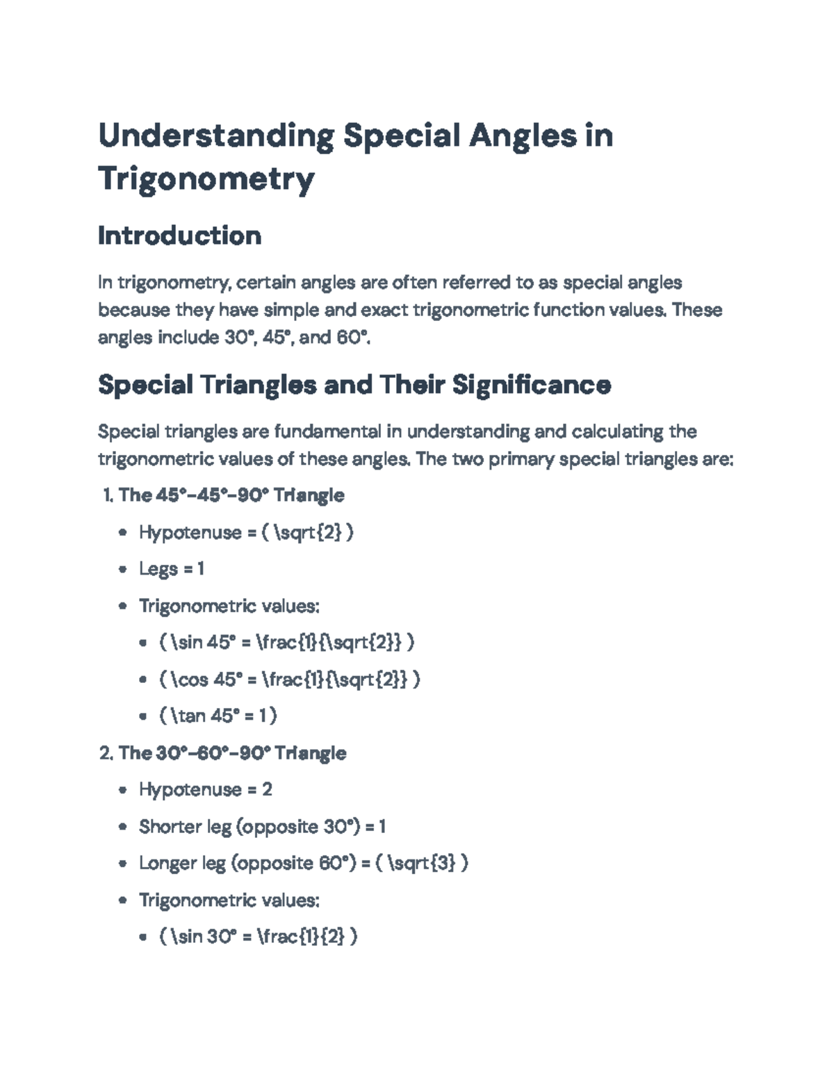 Trigonometry: Understanding Special Angles and Their Values ...
