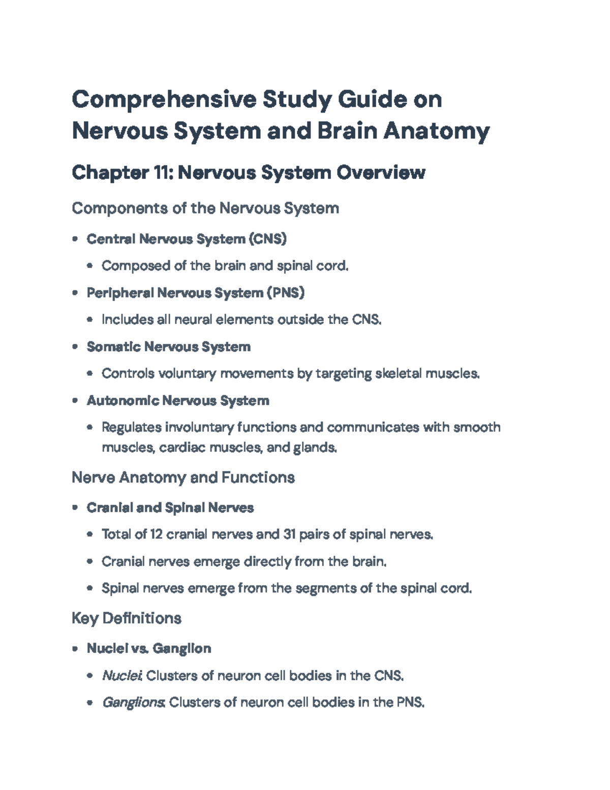 Comprehensive Study Guide for Nervous System & Brain Anatomy (Ch. 11-12 ...
