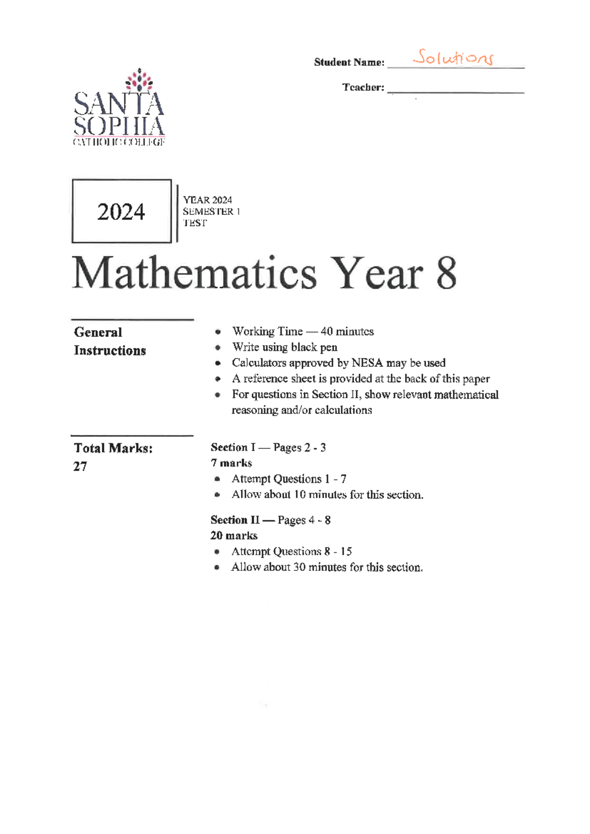 Yr. 8 Mathematics Assessment Task 1 - Marking Criteria 2024 - Studocu