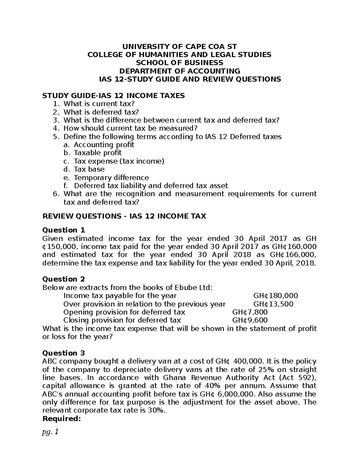 IAS 12-Study Guide and Review Questions - UNIVERSITY OF CAPE COA ST ...