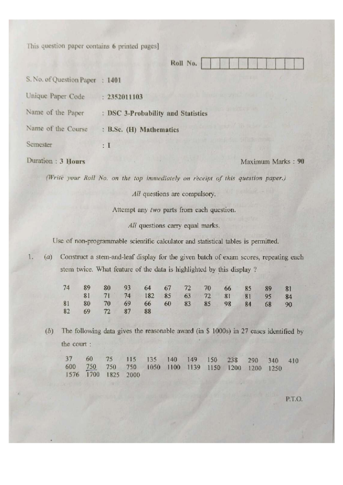 B.Sc. (H) Mathematics - DSC & Statistics Midterm Exam Paper 1401 - Studocu