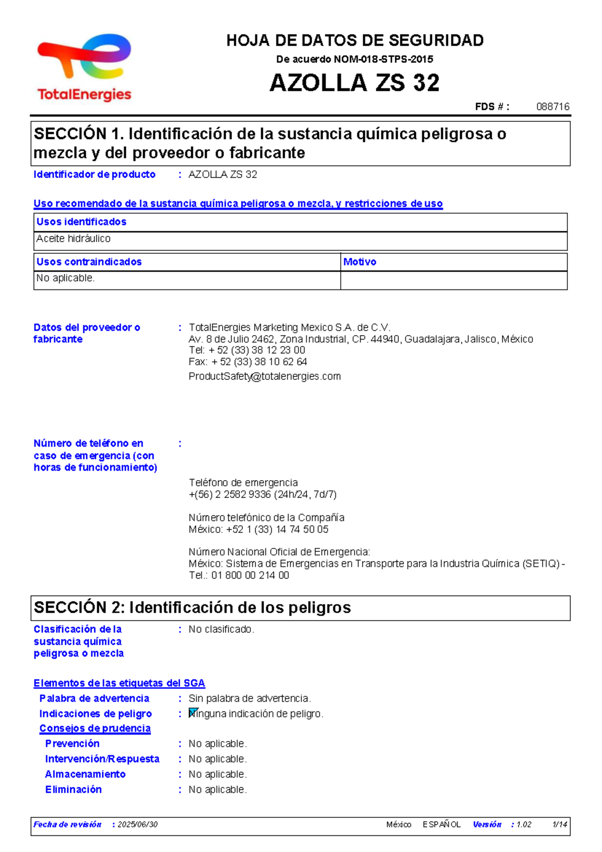 Hoja de Datos de Seguridad AZOLLA ZS 32 FDS 088716 - Studocu