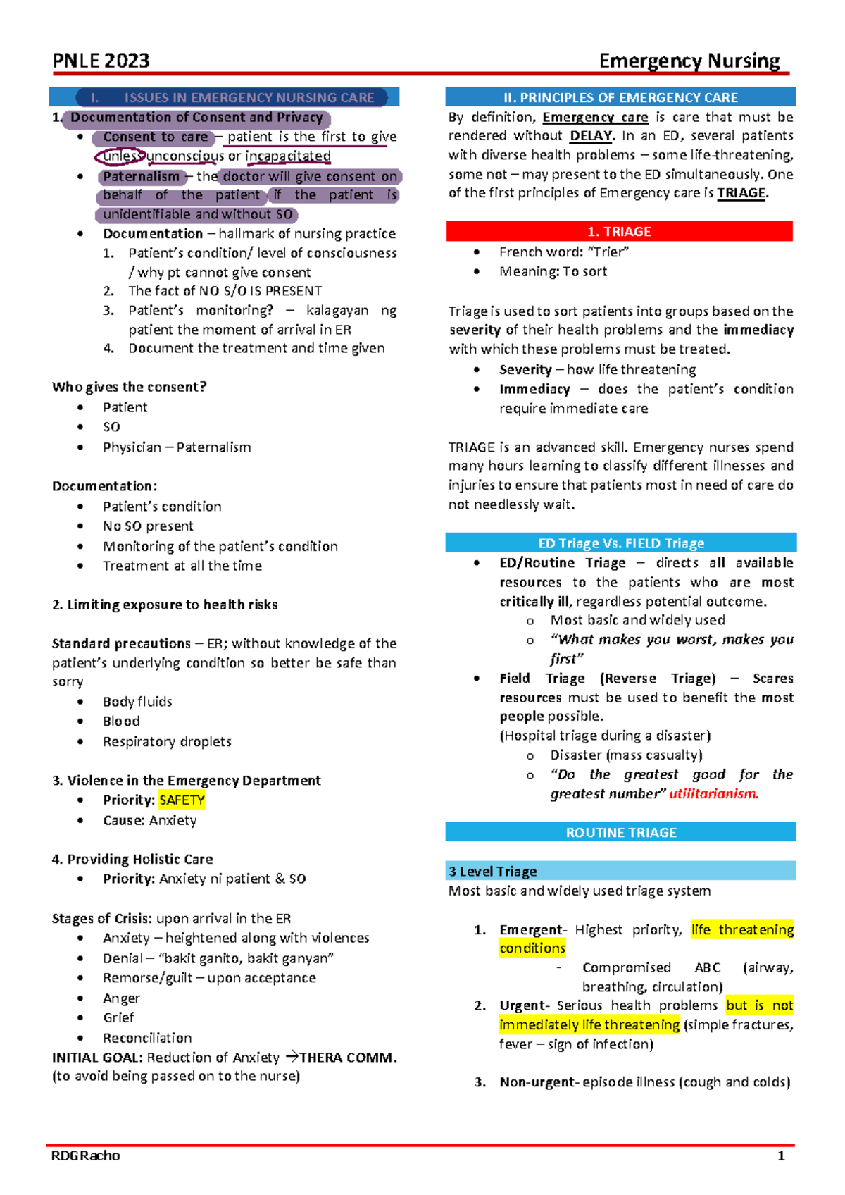 PNLE 2023 Emergency Nursing: Key Issues and Principles in Care - Studocu