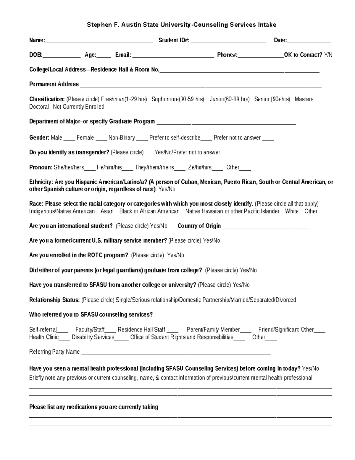 SFASU Counseling Services Intake Form: Student Information & Consent ...