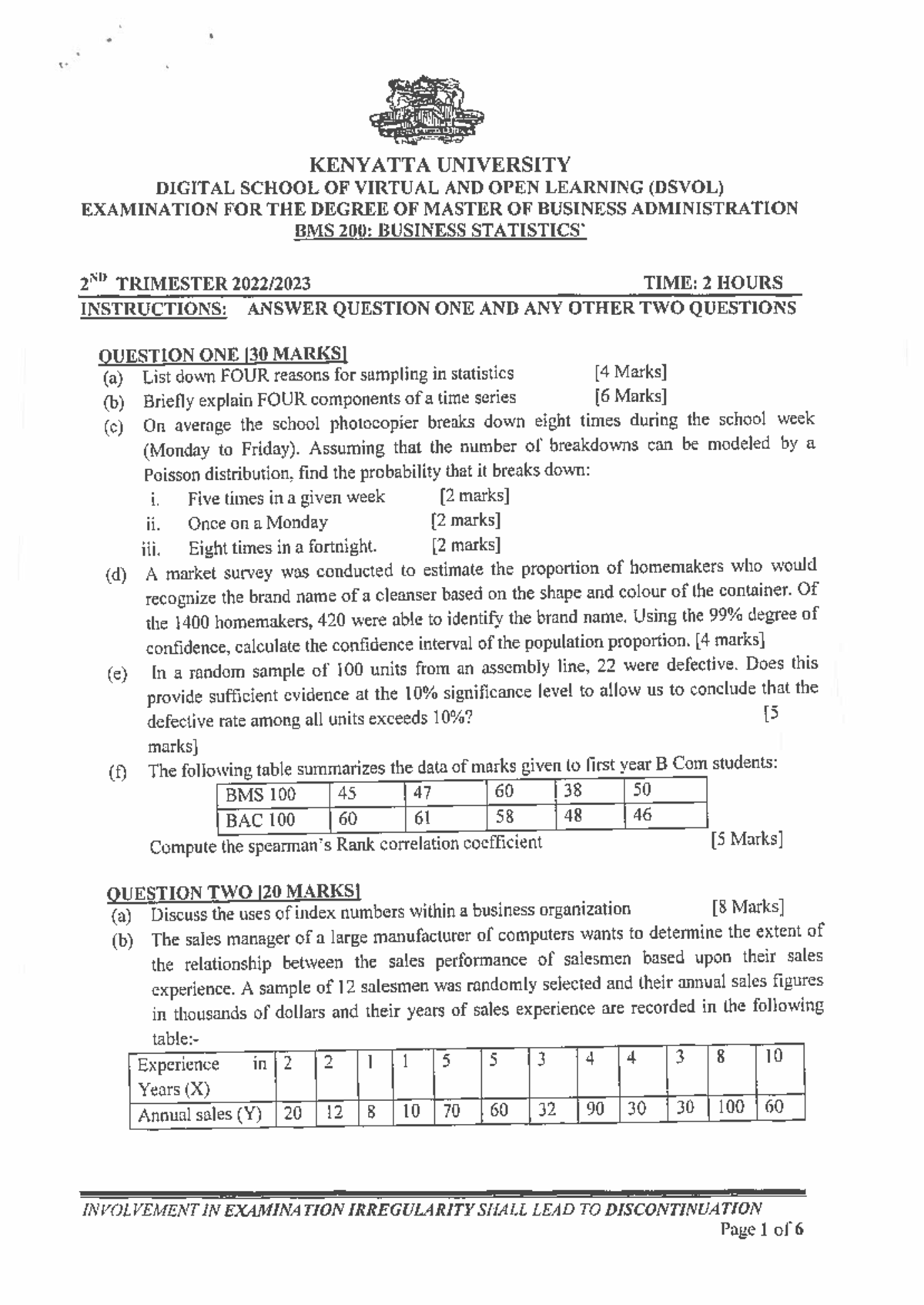 BMS 200: Business Statistics Exam Review and Practice Questions - Studocu