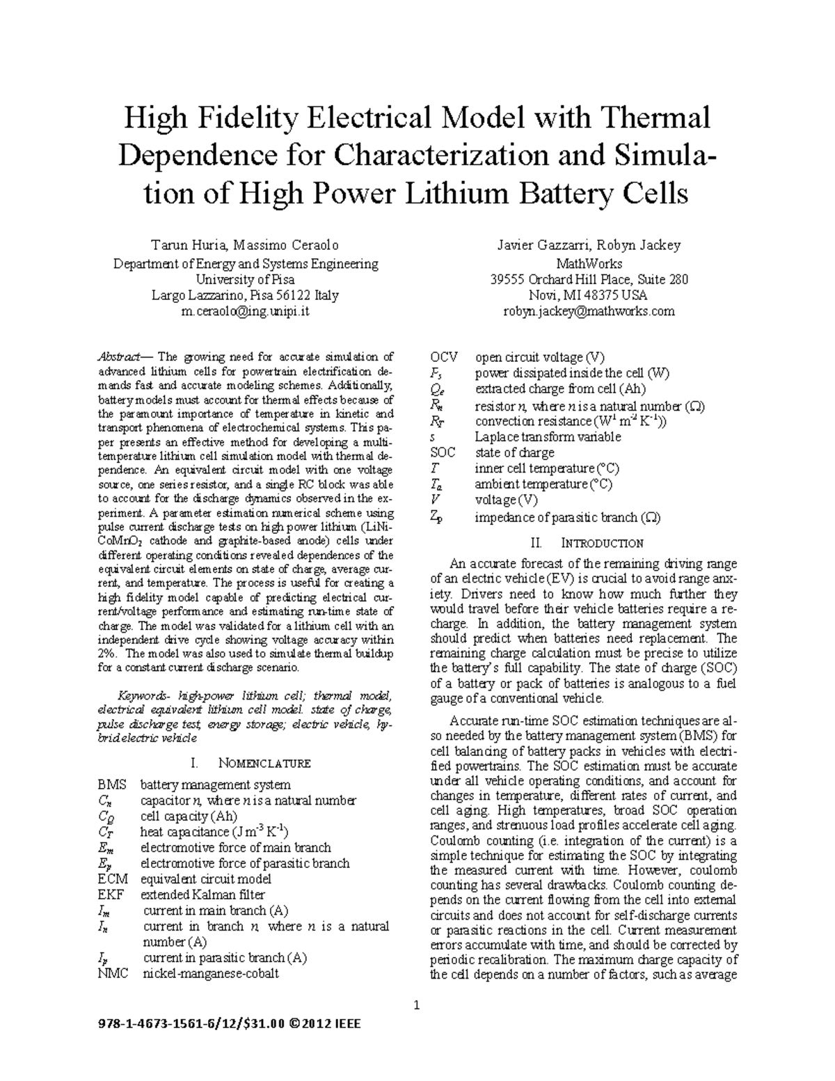 High Power Lithium Battery Cell Modeling with Thermal Effects (ENG 101 ...