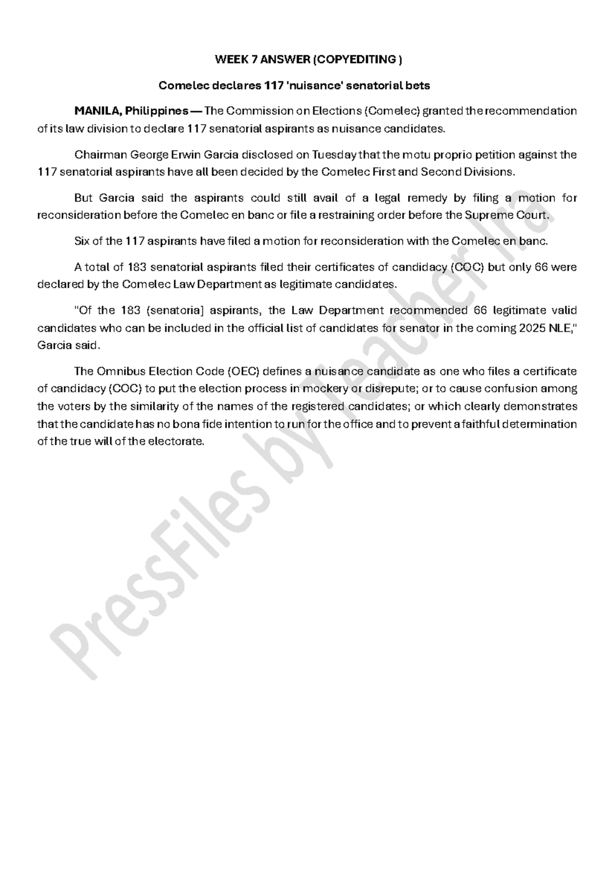 WEEK 7 COPYEDITING NOTES: Comelec Nuisance Candidates Analysis - Studocu