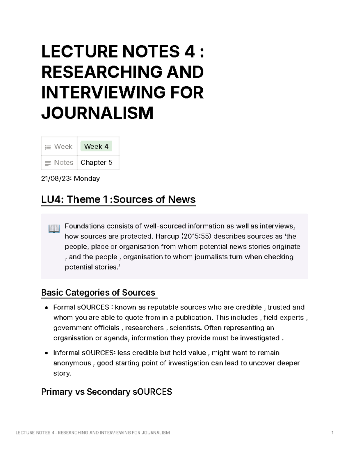 Lecture Notes 4: Researching & Interviewing for Journalism (Course Code ...