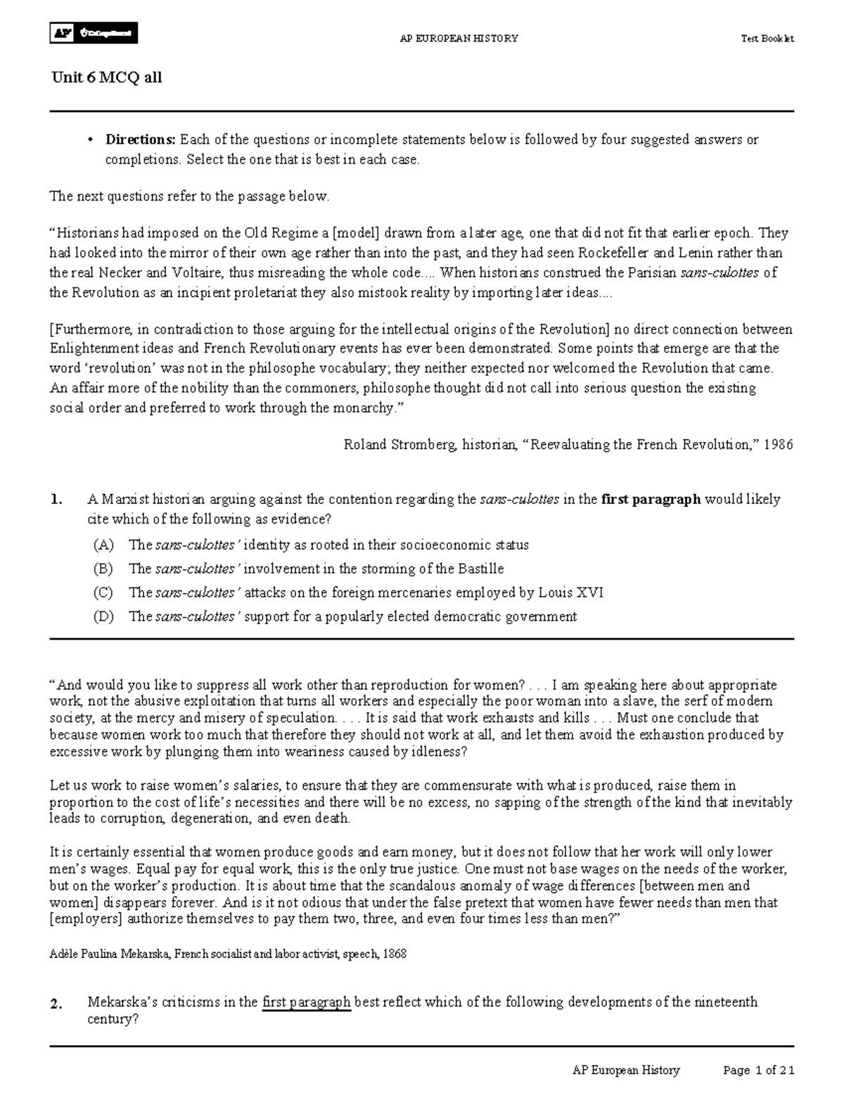 AP EUROPEAN HISTORY Unit 6 Practice Quiz (1-50) - Studocu