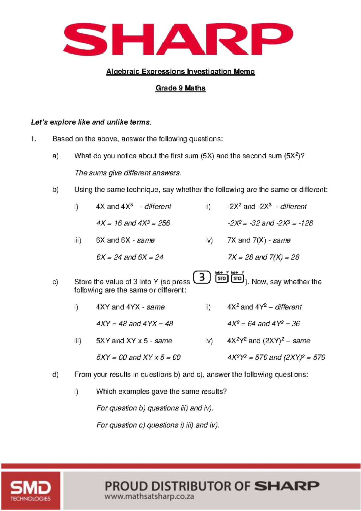Grade 9 Algebraic Expressions Investigation Memo: A Detailed Analysis ...