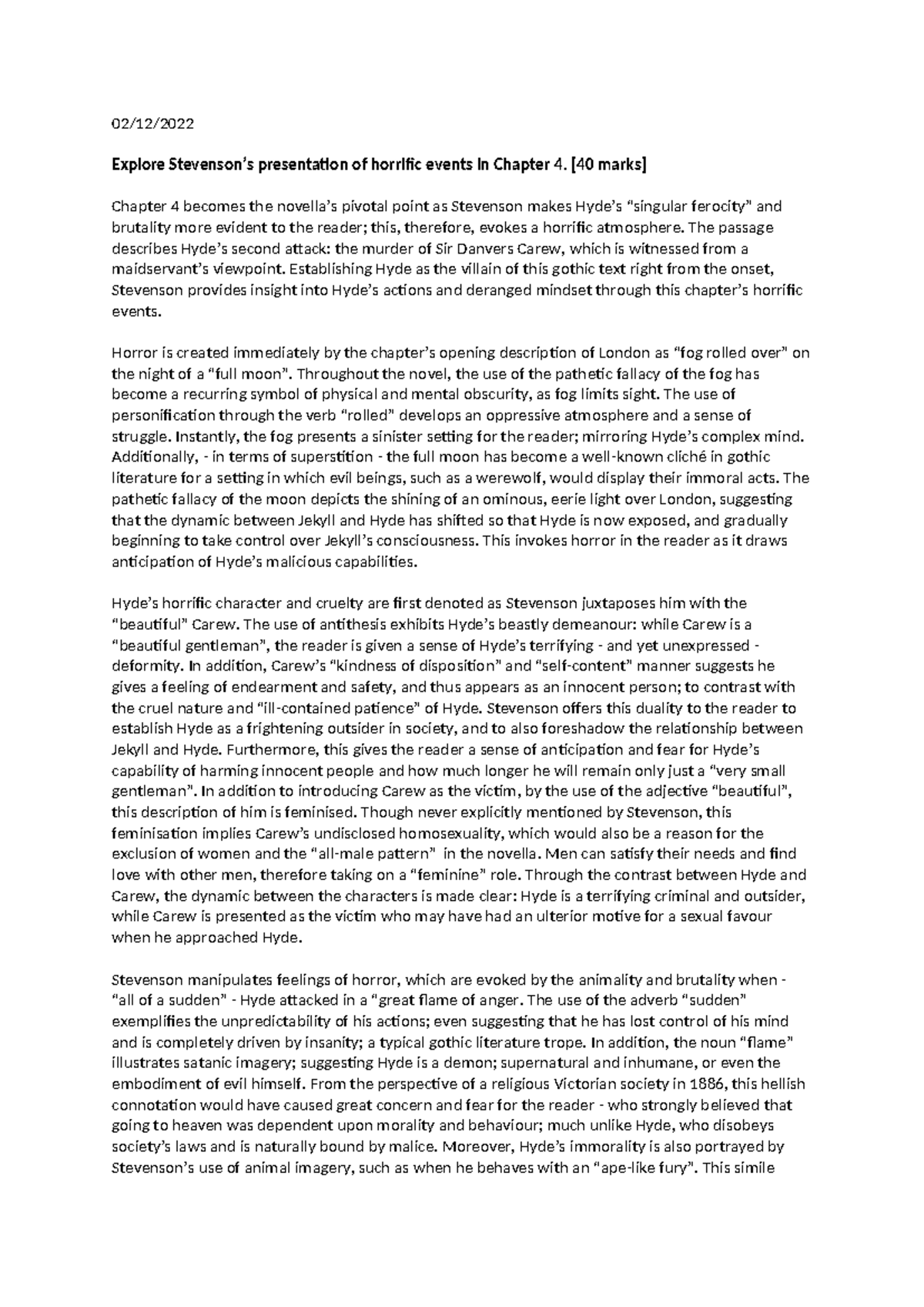 GCSE Jekyll and Hyde Essay: Analyzing Horror in Chapter 4 - Studocu