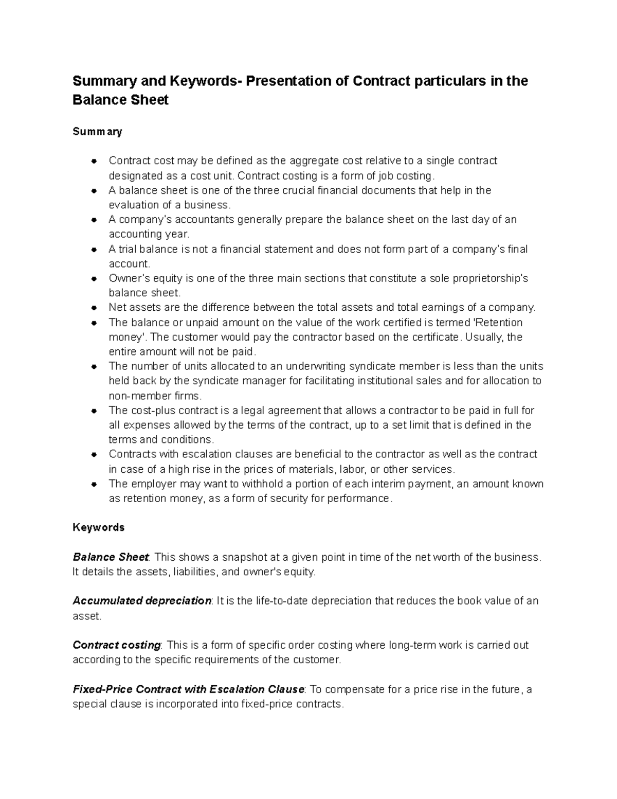 Summary & Keywords: Contract Presentation in Balance Sheet-1 - Studocu